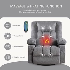 Massage Swivel Rocker Recliner Chair with Vibration Massage and Heat Ergonomic Lounge Chair for Living Room with Rocking Function and Side Pocket, 2 Cup Holders, USB Charge Port