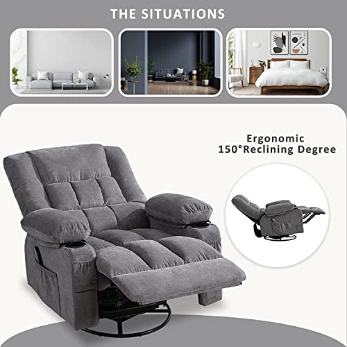 Massage Swivel Rocker Recliner Chair with Vibration Massage and Heat Ergonomic Lounge Chair for Living Room with Rocking Function and Side Pocket, 2 Cup Holders, USB Charge Port