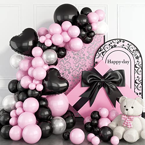 GREMAG Pink Black Balloon Arch Kit, 129Pcs Black Patel Pink Balloon Garland, 5 10 12 18 Inch with Black Heart Shaped Foil Balloon Clear Latex Balloon, for Girls Birthday Baby Shower Pink Party Decor