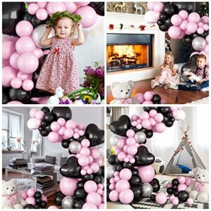 GREMAG Pink Black Balloon Arch Kit, 129Pcs Black Patel Pink Balloon Garland, 5 10 12 18 Inch with Black Heart Shaped Foil Balloon Clear Latex Balloon, for Girls Birthday Baby Shower Pink Party Decor