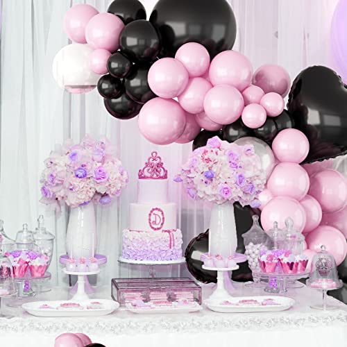 GREMAG Pink Black Balloon Arch Kit, 129Pcs Black Patel Pink Balloon Garland, 5 10 12 18 Inch with Black Heart Shaped Foil Balloon Clear Latex Balloon, for Girls Birthday Baby Shower Pink Party Decor