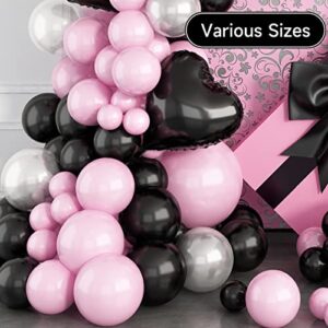 GREMAG Pink Black Balloon Arch Kit, 129Pcs Black Patel Pink Balloon Garland, 5 10 12 18 Inch with Black Heart Shaped Foil Balloon Clear Latex Balloon, for Girls Birthday Baby Shower Pink Party Decor