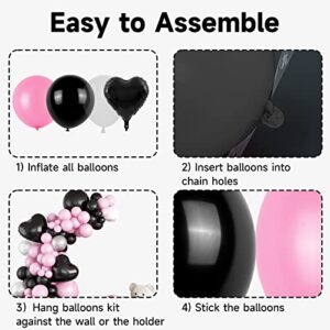 GREMAG Pink Black Balloon Arch Kit, 129Pcs Black Patel Pink Balloon Garland, 5 10 12 18 Inch with Black Heart Shaped Foil Balloon Clear Latex Balloon, for Girls Birthday Baby Shower Pink Party Decor