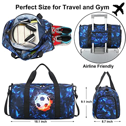 Kids Duffle Bag Boys Girls Overnighter Travel Sport Gym Bag Weekender Carry On Shoulder Bag with Shoe Compartment & Wet Pocket (Football Black Blue)