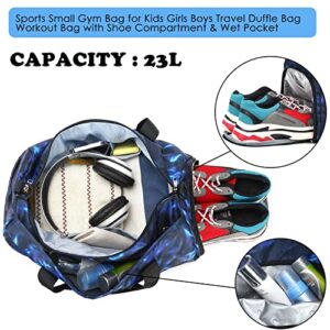 Kids Duffle Bag Boys Girls Overnighter Travel Sport Gym Bag Weekender Carry On Shoulder Bag with Shoe Compartment & Wet Pocket (Football Black Blue)