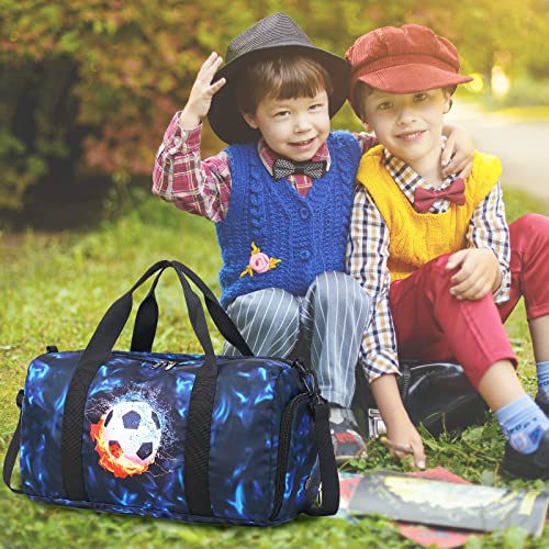 Kids Duffle Bag Boys Girls Overnighter Travel Sport Gym Bag Weekender Carry On Shoulder Bag with Shoe Compartment & Wet Pocket (Football Black Blue)