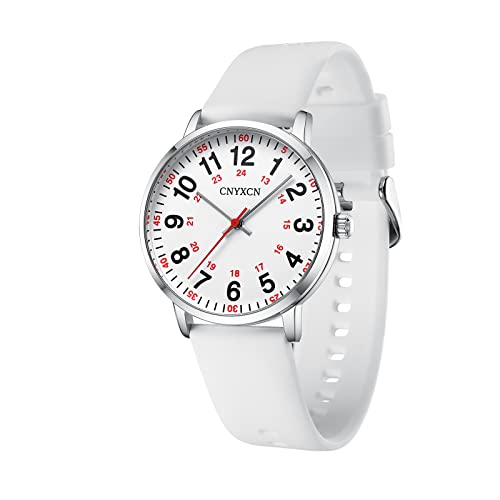 CNYXCN Nurse Watch for Medical Students,Doctors,Women Men with Second Hand and 24 Hour,Easy to Read Dial,Silicone Band,Water Resistant (White+White)