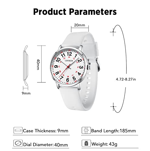 CNYXCN Nurse Watch for Medical Students,Doctors,Women Men with Second Hand and 24 Hour,Easy to Read Dial,Silicone Band,Water Resistant (White+White)