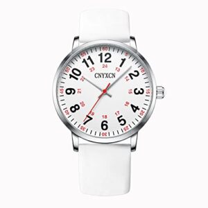 CNYXCN Nurse Watch for Medical Students,Doctors,Women Men with Second Hand and 24 Hour,Easy to Read Dial,Silicone Band,Water Resistant (White+White)