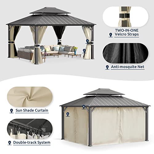 UDPATIO 12' x 14' Hardtop Gazebo, Outdoor Aluminum Gazebo with Galvanized Steel Double Roof, Permanent Metal Canopy with Netting and Curtains for Patio, Garden, Lawn, Backyard, Deck, Beige