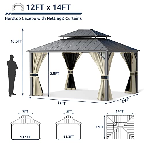 UDPATIO 12' x 14' Hardtop Gazebo, Outdoor Aluminum Gazebo with Galvanized Steel Double Roof, Permanent Metal Canopy with Netting and Curtains for Patio, Garden, Lawn, Backyard, Deck, Beige