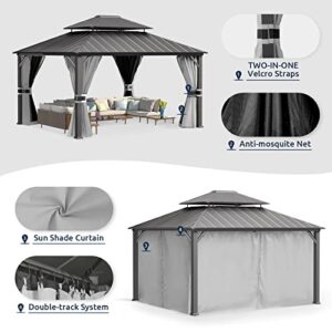 UDPATIO 12' x 14' Hardtop Gazebo, Galvanized Steel Double Roof Permanent Aluminum Gazebo, Outdoor Metal Pergolas with Mosquito Netting and Curtains for Garden, Parties, Patio, Deck, Lawns, Grey