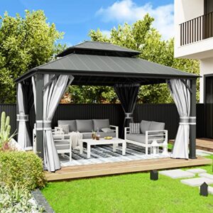 UDPATIO 12' x 14' Hardtop Gazebo, Galvanized Steel Double Roof Permanent Aluminum Gazebo, Outdoor Metal Pergolas with Mosquito Netting and Curtains for Garden, Parties, Patio, Deck, Lawns, Grey