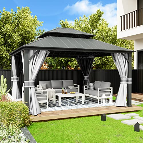 UDPATIO 12' x 14' Hardtop Gazebo, Galvanized Steel Double Roof Permanent Aluminum Gazebo, Outdoor Metal Pergolas with Mosquito Netting and Curtains for Garden, Parties, Patio, Deck, Lawns, Grey