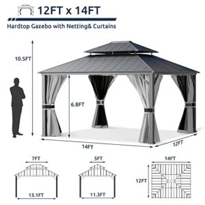 UDPATIO 12' x 14' Hardtop Gazebo, Galvanized Steel Double Roof Permanent Aluminum Gazebo, Outdoor Metal Pergolas with Mosquito Netting and Curtains for Garden, Parties, Patio, Deck, Lawns, Grey