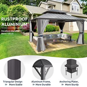 UDPATIO 12' x 14' Hardtop Gazebo, Galvanized Steel Double Roof Permanent Aluminum Gazebo, Outdoor Metal Pergolas with Mosquito Netting and Curtains for Garden, Parties, Patio, Deck, Lawns, Grey