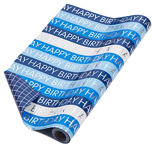 RUSPEPA Reversible Wrapping Paper Roll - Birthday Blue Pattern Great for Birthday, Party, Baby Shower - 17.5 Inches X 32.8 Feet