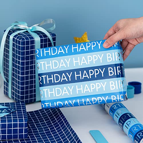 RUSPEPA Reversible Wrapping Paper Roll - Birthday Blue Pattern Great for Birthday, Party, Baby Shower - 17.5 Inches X 32.8 Feet