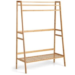 Giantex 3 Tier Bamboo Clothing Rack with Shelves, Heavy Duty Freestanding Clothes Organizer Rack with Coat Hooks, Anti-toppling Device, Cloth Hanger Standing Garment Racks for for Hanging Clothes