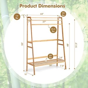 Giantex 3 Tier Bamboo Clothing Rack with Shelves, Heavy Duty Freestanding Clothes Organizer Rack with Coat Hooks, Anti-toppling Device, Cloth Hanger Standing Garment Racks for for Hanging Clothes