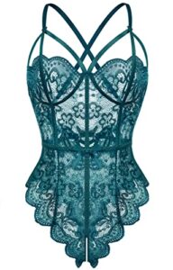 fayenne lingerie for women teddy lingerie floral lace one piece babydoll lingerie deep v bodysuit strappy lingerie dark green