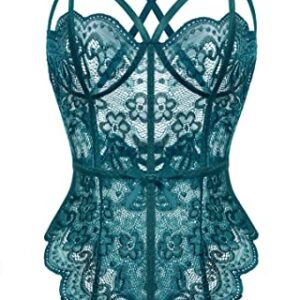 Fayenne Lingerie for Women Teddy Lingerie Floral Lace One Piece Babydoll Lingerie Deep V Bodysuit Strappy Lingerie Dark Green