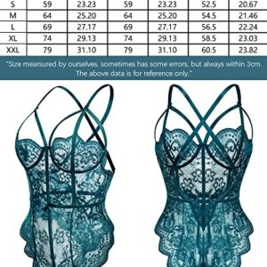 Fayenne Lingerie for Women Teddy Lingerie Floral Lace One Piece Babydoll Lingerie Deep V Bodysuit Strappy Lingerie Dark Green