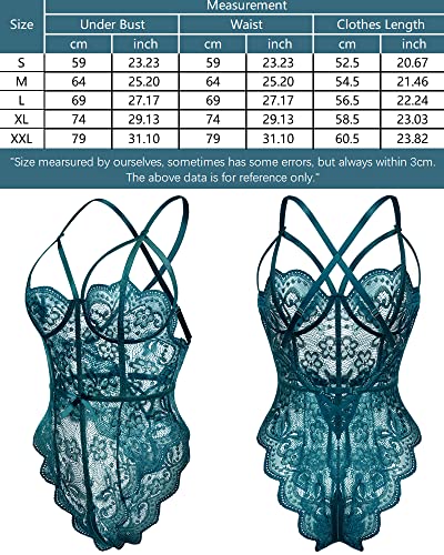 Fayenne Lingerie for Women Teddy Lingerie Floral Lace One Piece Babydoll Lingerie Deep V Bodysuit Strappy Lingerie Dark Green