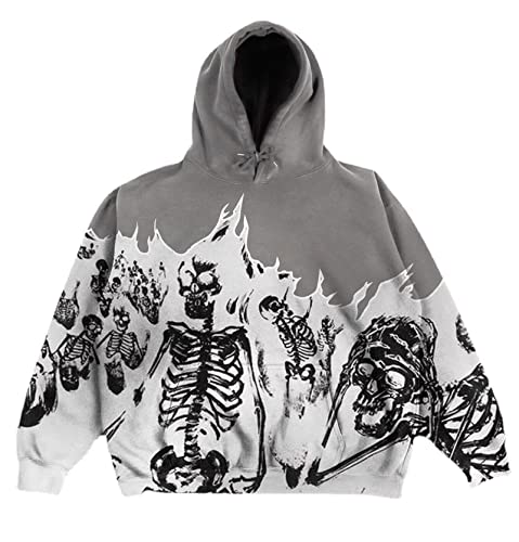 Easyoyo Skeleton Hoodie for Men Women, Gothic Y2K E-Girl Oversize Block Color Hooded Sweatshirt