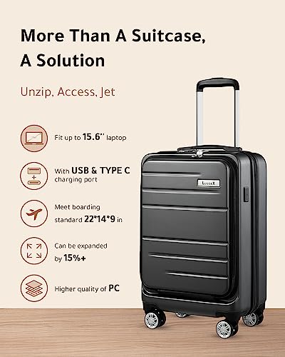 LUGGEX Carry On Luggage 22x14x9 Airline Approved with Laptop Compartment, PC Hard Shell Luggage with USB Port, Black Suitcase with Spinner Wheels