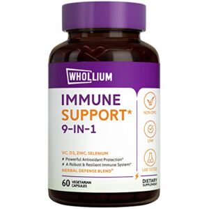 whollium sambucus elderberry with vc, d3, zinc, selenium, echinacea, garlic, ginger & black pepper, 9-in-1 immune & antioxidant support during lockdown, non-gmo, high absorption, 60 vegetarian caps