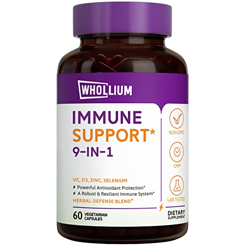 Whollium Sambucus Elderberry with VC, D3, Zinc, Selenium, Echinacea, Garlic, Ginger & Black Pepper, 9-in-1 Immune & Antioxidant Support During Lockdown, Non-GMO, High Absorption, 60 Vegetarian Caps