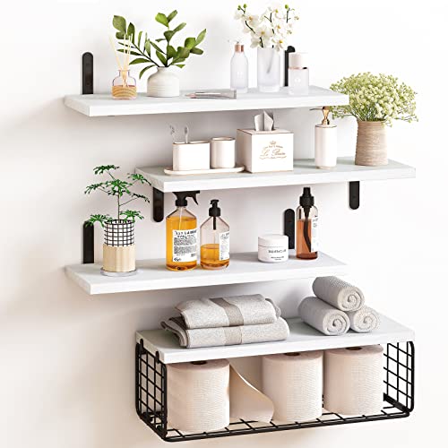 Fixwal 4+1 Tier Floating Shelves, Rustic Wood Wall Mounted Shelf, Bathroom Shelves Over Toilet with Wire Storage Basket, Farmhouse Wall Decor for Bedroom, Kitchen, Living Room and Plants (White)