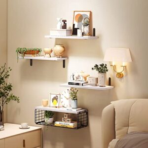 Fixwal 4+1 Tier Floating Shelves, Rustic Wood Wall Mounted Shelf, Bathroom Shelves Over Toilet with Wire Storage Basket, Farmhouse Wall Decor for Bedroom, Kitchen, Living Room and Plants (White)