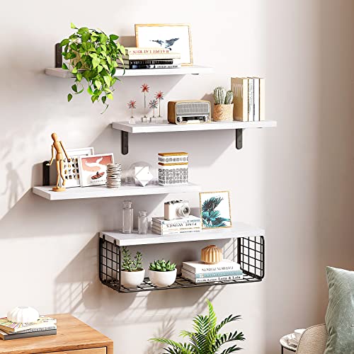 Fixwal 4+1 Tier Floating Shelves, Rustic Wood Wall Mounted Shelf, Bathroom Shelves Over Toilet with Wire Storage Basket, Farmhouse Wall Decor for Bedroom, Kitchen, Living Room and Plants (White)