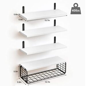 Fixwal 4+1 Tier Floating Shelves, Rustic Wood Wall Mounted Shelf, Bathroom Shelves Over Toilet with Wire Storage Basket, Farmhouse Wall Decor for Bedroom, Kitchen, Living Room and Plants (White)