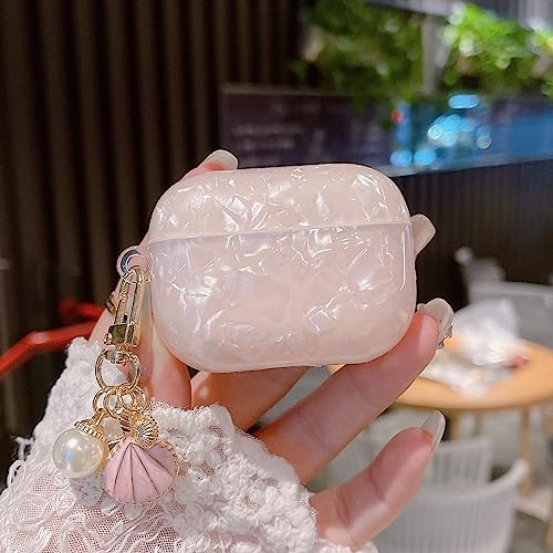 PHOEACC Cute Airpod Pro 2 Case (2022) with Glitter Shell Pearl Keychain Marble Hard TPU Protective Cover Compatible with AirPods Pro 2nd Generation Case for Girls Teens Women (Pink)