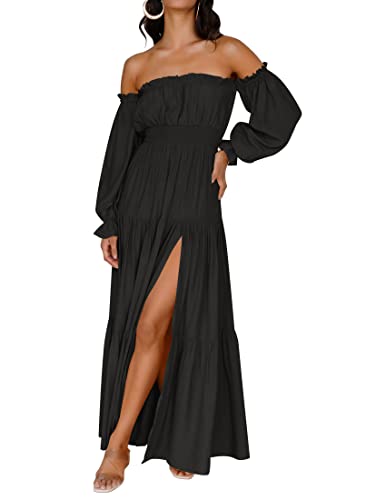 ZESICA Women's 2023 Boho Sexy Off Shoulder Long Sleeve Smocked High Waist Side Split Flowy A Line Tiered Long Maxi Dress,DarkBlack,Large