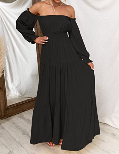 ZESICA Women's 2023 Boho Sexy Off Shoulder Long Sleeve Smocked High Waist Side Split Flowy A Line Tiered Long Maxi Dress,DarkBlack,Large