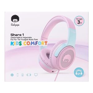 rockpapa Share 1 Kids Headphones Wired with Microphone & Share Port, 85dB/94dB Volume Limited, Cute Foldable Student Child Boys Girls Headphones for School/Classroom/Travel Pink/Green