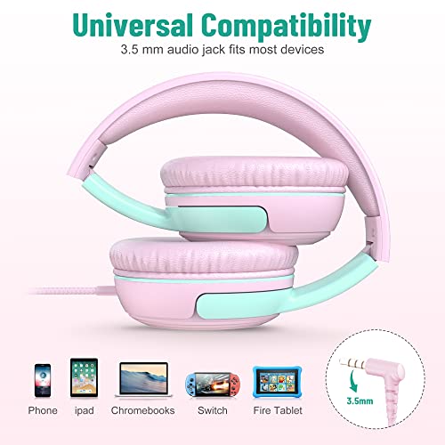 rockpapa Share 1 Kids Headphones Wired with Microphone & Share Port, 85dB/94dB Volume Limited, Cute Foldable Student Child Boys Girls Headphones for School/Classroom/Travel Pink/Green