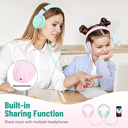 rockpapa Share 1 Kids Headphones Wired with Microphone & Share Port, 85dB/94dB Volume Limited, Cute Foldable Student Child Boys Girls Headphones for School/Classroom/Travel Pink/Green