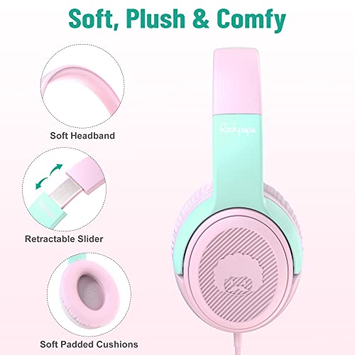 rockpapa Share 1 Kids Headphones Wired with Microphone & Share Port, 85dB/94dB Volume Limited, Cute Foldable Student Child Boys Girls Headphones for School/Classroom/Travel Pink/Green