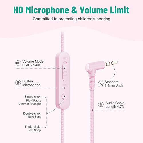 rockpapa Share 1 Kids Headphones Wired with Microphone & Share Port, 85dB/94dB Volume Limited, Cute Foldable Student Child Boys Girls Headphones for School/Classroom/Travel Pink/Green