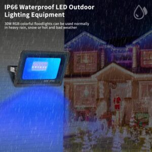 Outdoor RGB LED Flood Lights - 300W Equiv Colored Changing Spotlight Dimmable IP66 Waterproof Halloween Strobe Lights with Plug Outside Smart WiFi Color Alexa 30W Floodlight for Party Garden 丨 2 Pack