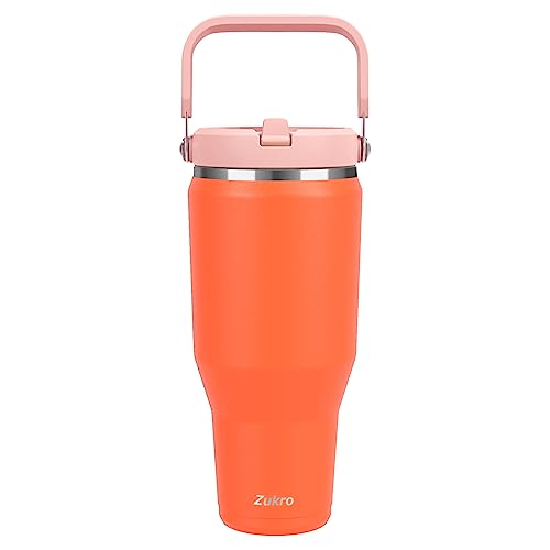 Zukro 40 OZ Tumbler With Flip Straw, Leak Proof Stainless Steel Tumbler with Top Handle On Lid, No Sweat Insulated Water Bottle Fit in Cup Holder for Outdoors, Keep Drinks Cold 24 hours, Grapefruit