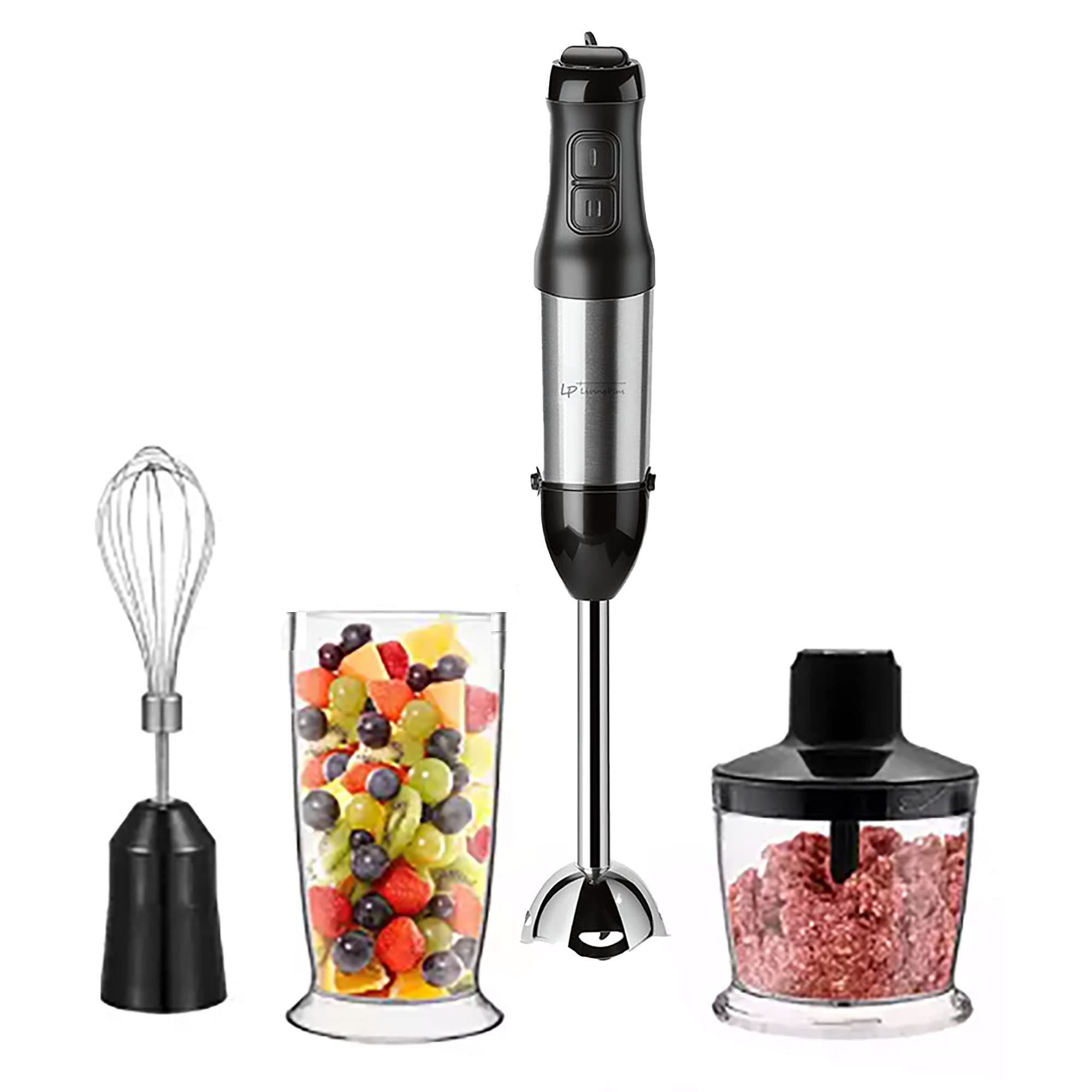 Lp Living Plus 4-in-1 Electric Hand Blender, Powerful 500W Stainless Steel Blender with Whisk, Chopper, Beaker, Easy to Clean, Advanced Noise Reduction