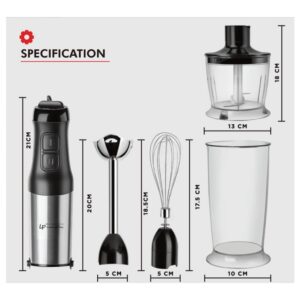 Lp Living Plus 4-in-1 Electric Hand Blender, Powerful 500W Stainless Steel Blender with Whisk, Chopper, Beaker, Easy to Clean, Advanced Noise Reduction