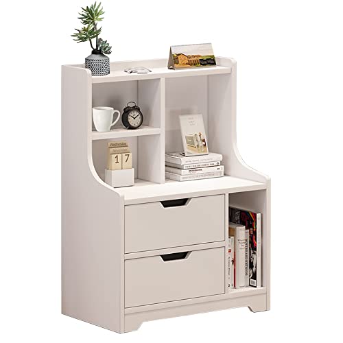 DNYSYSJ Wood End Table with 2 Drawers, White Nightstand with Storage Shelf Side Table Cabinet Bedside Furniture Books Storage Stand for Living Room Bedroom