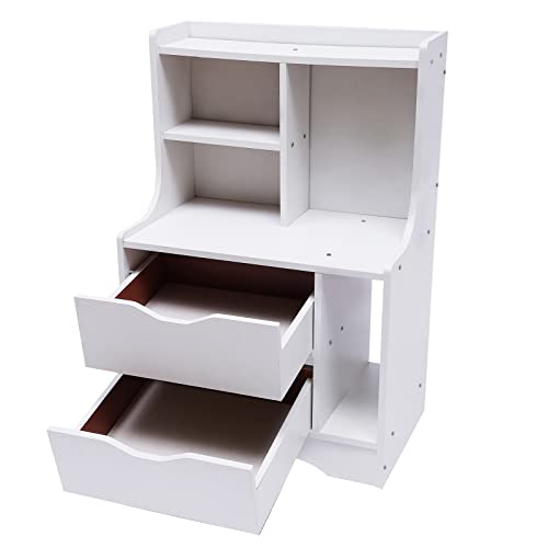 DNYSYSJ Wood End Table with 2 Drawers, White Nightstand with Storage Shelf Side Table Cabinet Bedside Furniture Books Storage Stand for Living Room Bedroom